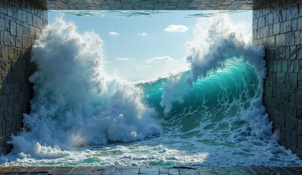 A powerful sea wave inside a confined aquarium-like frame, the wave ...