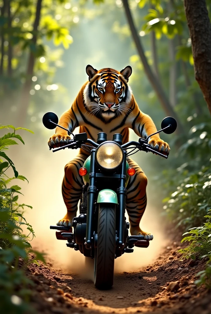 "A majestic tiger rides a vintage motorcycle through a dense jungle ...