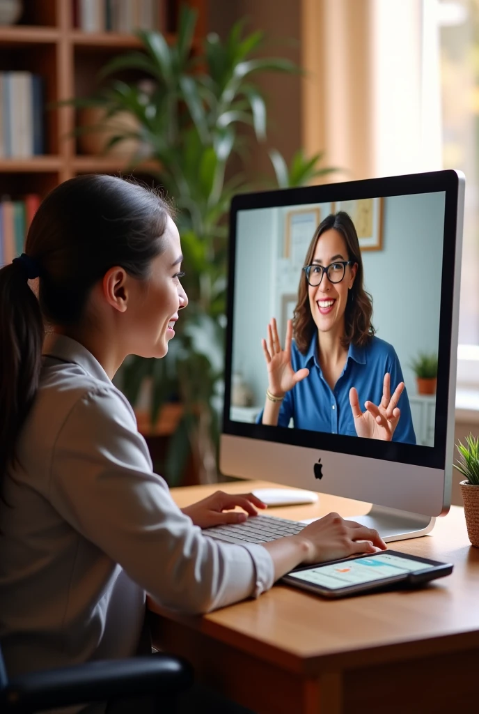 Generate the image of a student and teacher taking online classes ...