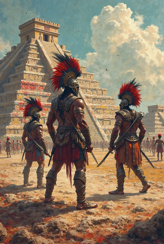 Draw a dramatic scene in which three Aztec warriors stand on an ancient ...
