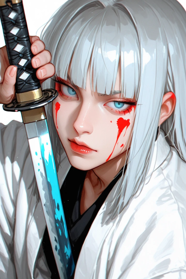 Anime guy, with a katana, sharp lines , white background, pretty face ...