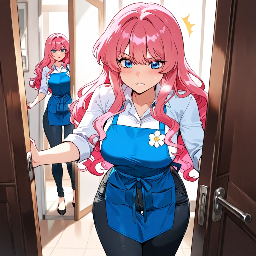 Anime,a ager, pink hair, wavy hair, long hair, blue eyes, entering ...