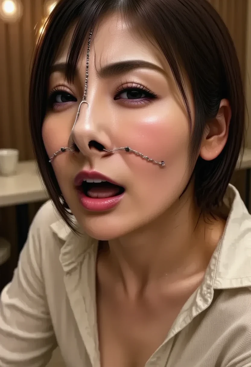 beautiful brown-haired woman shouting with her eyes closed - SeaArt AI