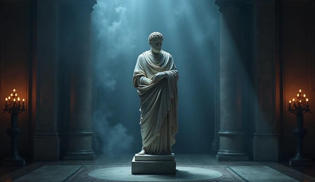 Statue of Epictetus half enlarged in a dark room with smoke and candles ...