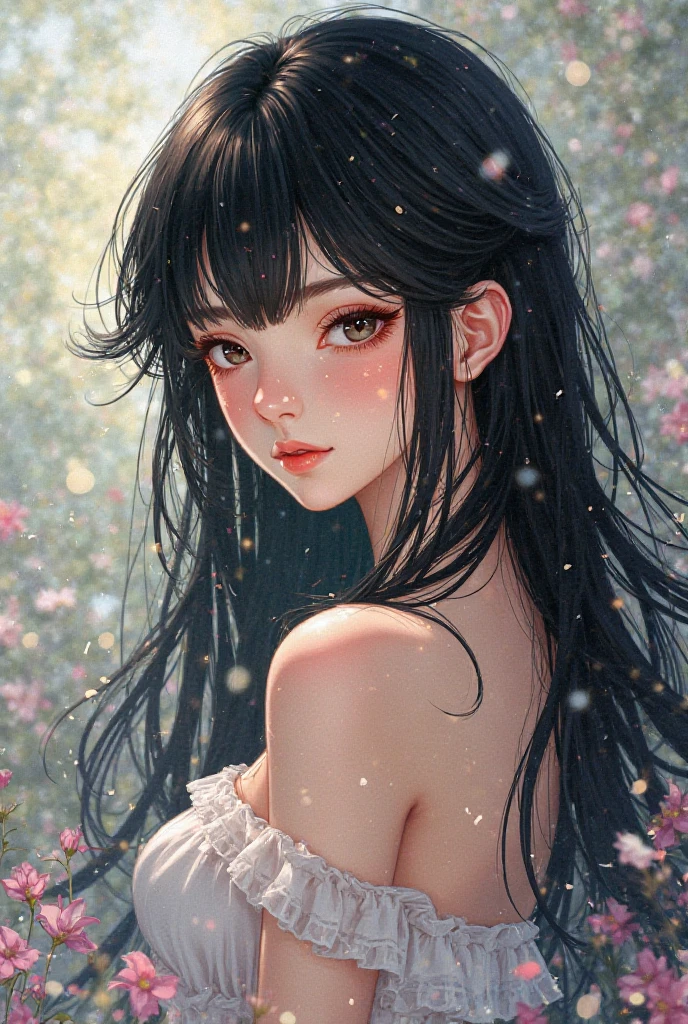 Create a black-haired girl in the style of Rangrari's manwa - SeaArt AI