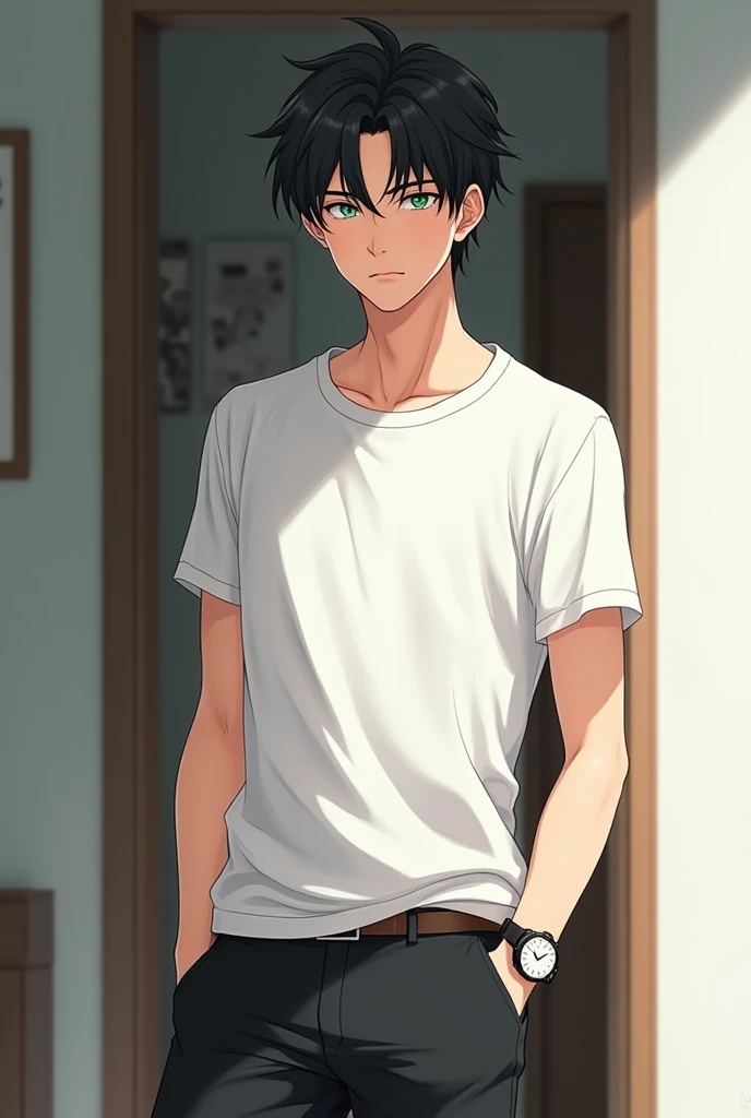A smart and handsome anime boy , having green eyes , hands in his ...