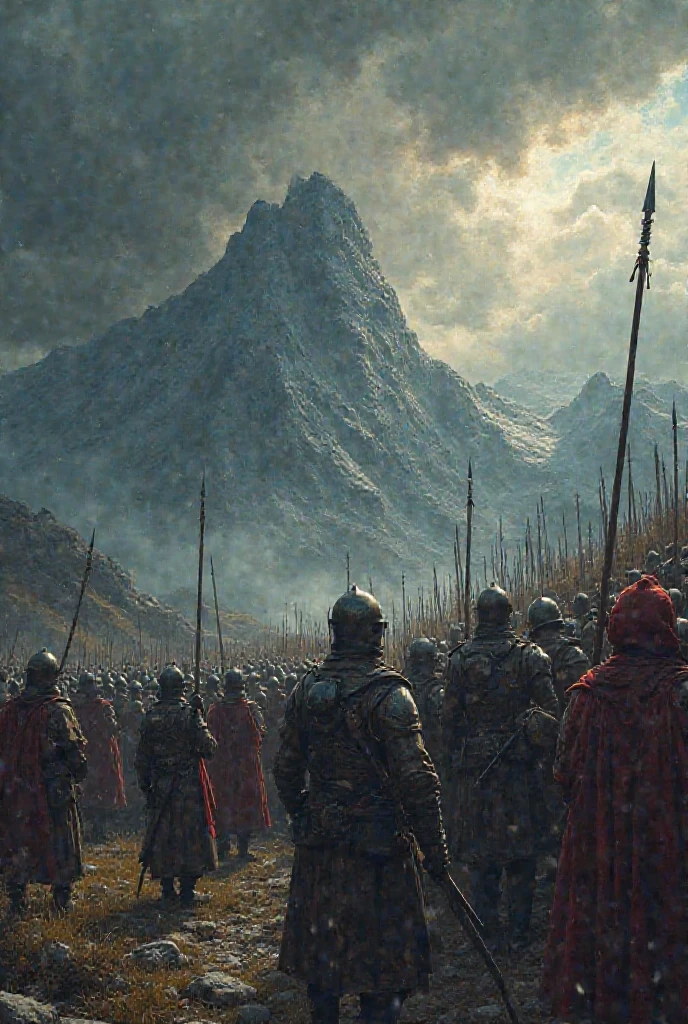 War thousands of soldiers seen from a distant mountain, detailed ...