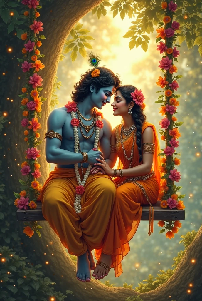 A high-quality, realistic digital painting of Lord Krishna and Goddess ...
