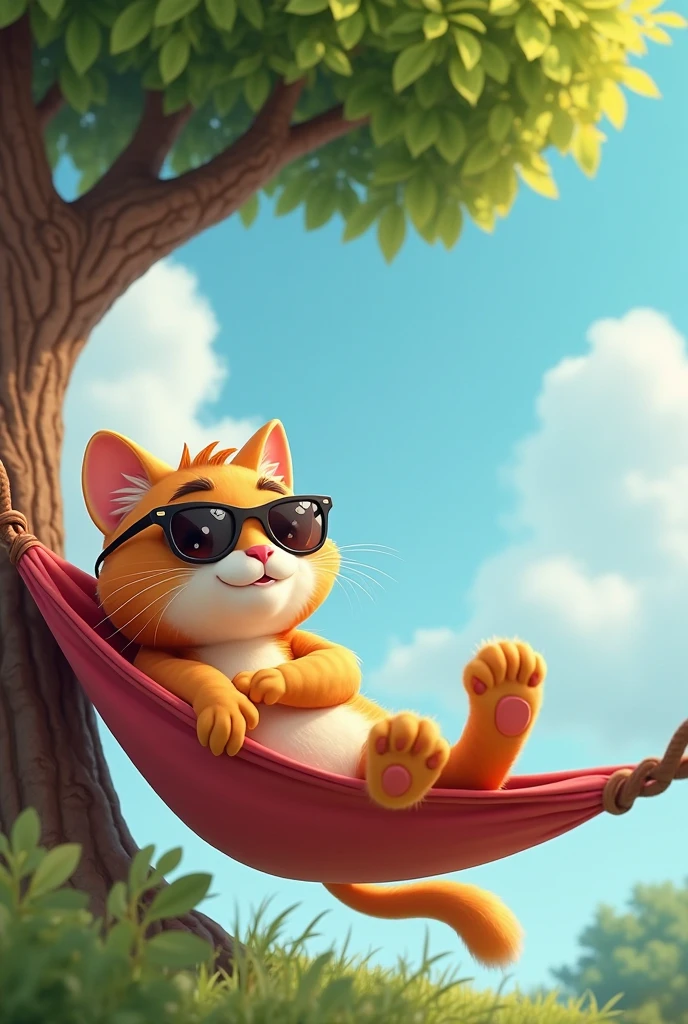 A cartoon cat lying in a hammock under a tree, sunglasses on - SeaArt AI