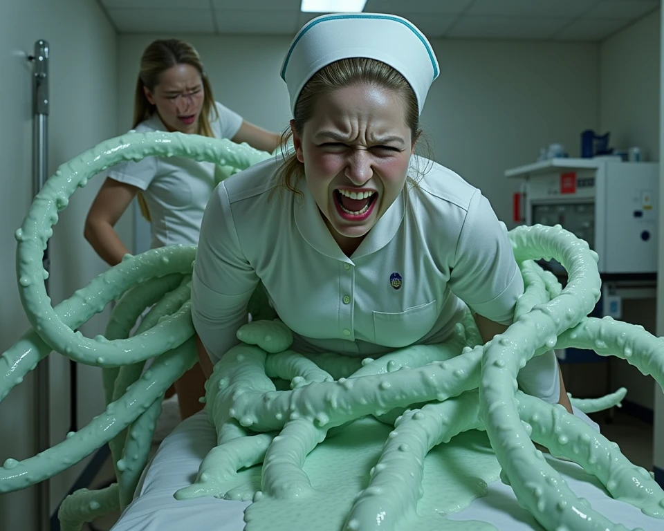 A nurse is being attacked by slime she's screaming in pain。 Clothes are ...