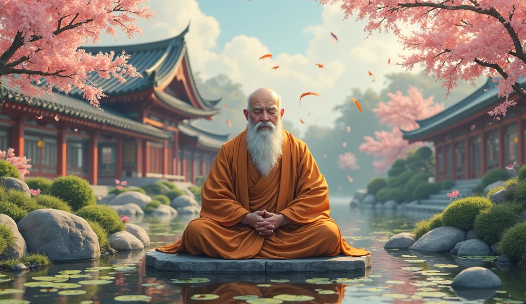 A fat, bald Japanese old monk full of wisdom is sitting and meditating ...