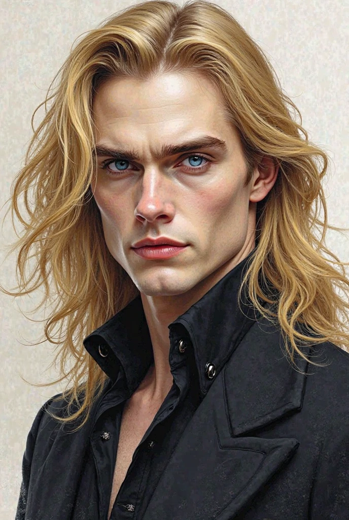 drawing of a confident vampire with wavy long blonde hair falling just ...