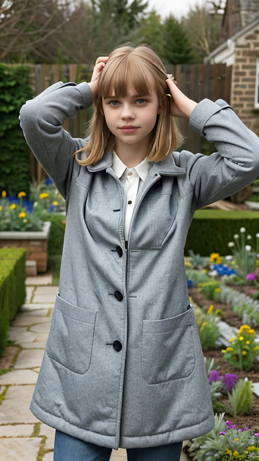 Arafed woman in a gray coat standing in a garden - SeaArt AI
