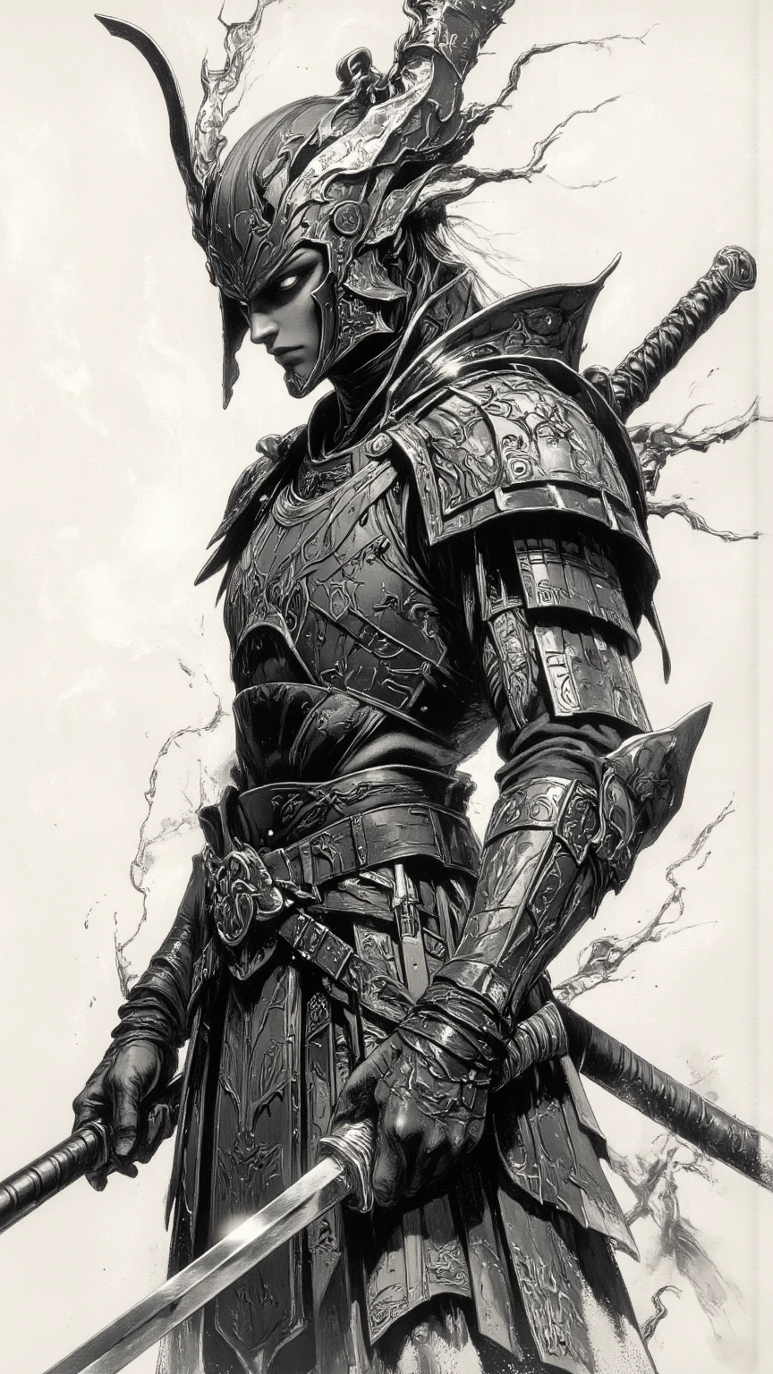 A drawing of a woman with a samurai mask and a sword, female samurai ...