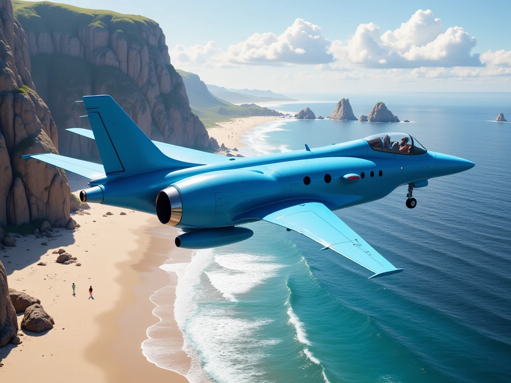 Create a image of a blue airplane flying over a beach with huge no real ...