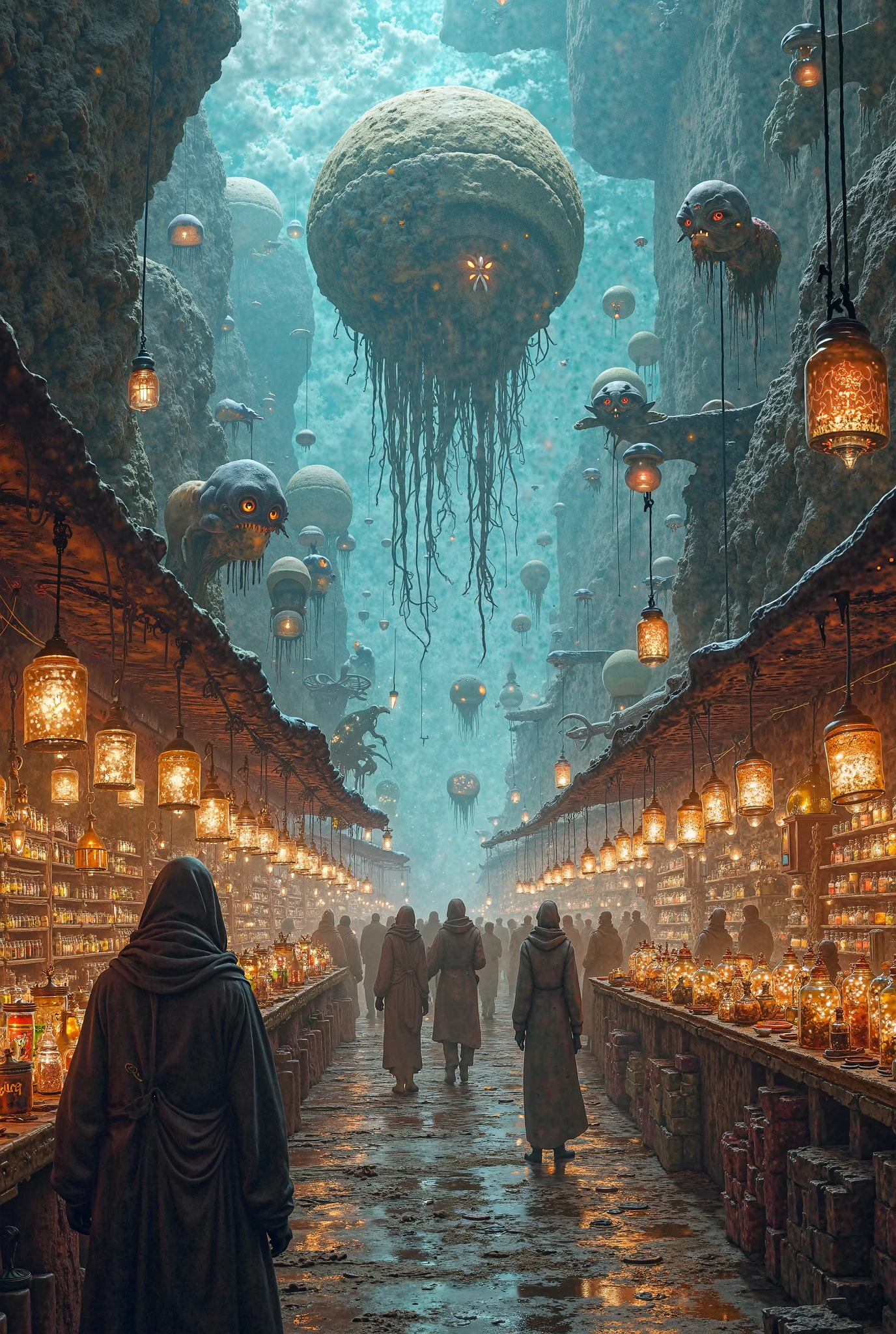 There are many people walking down a street in a fantasy world - SeaArt AI