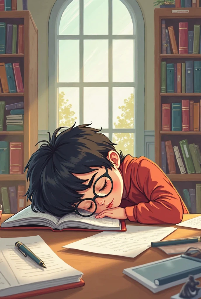 Student sleeping in library cartoon - SeaArt AI