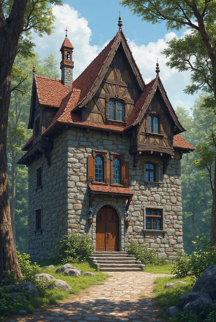 Design a picture of "large 3-story medieval period style building in a ...
