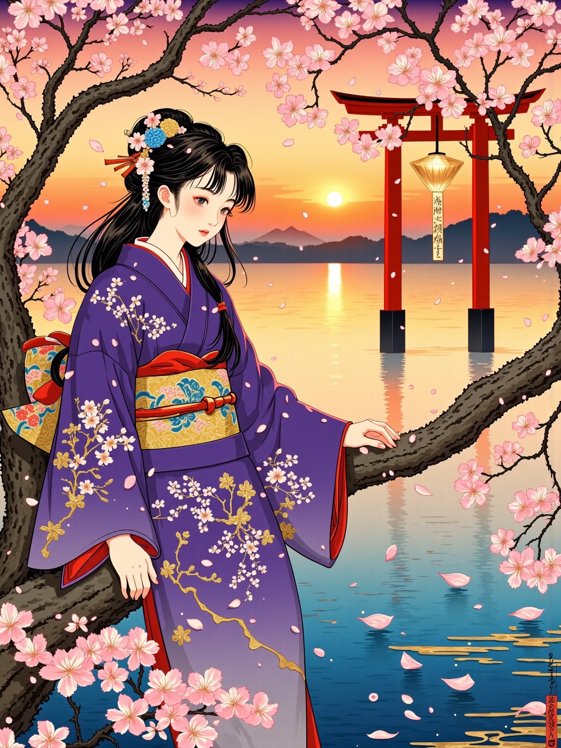 Yoshino cherry groves in the twilight of spring The dark gold flowing ...