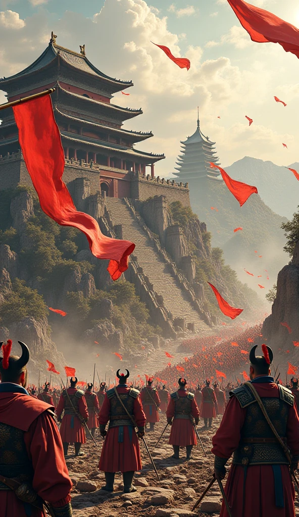 An imperial palace in ruins, with banners of the Han Dynasty falling ...