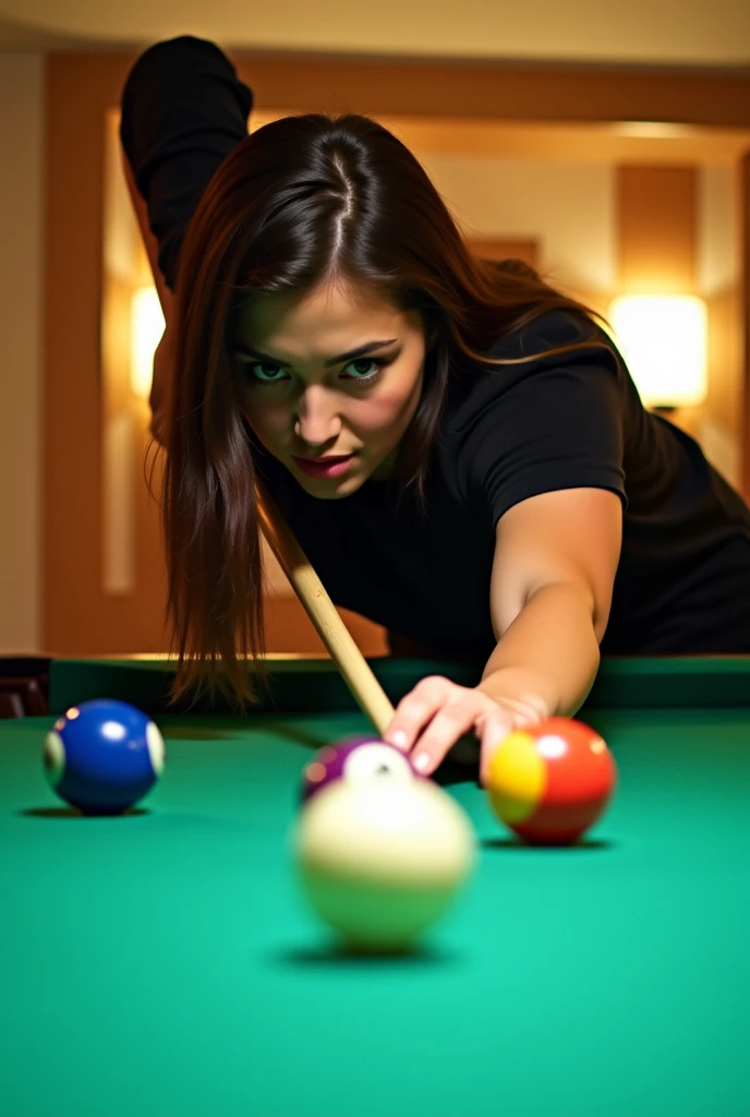A person is playing a game of billiards, leaning over the table with a ...