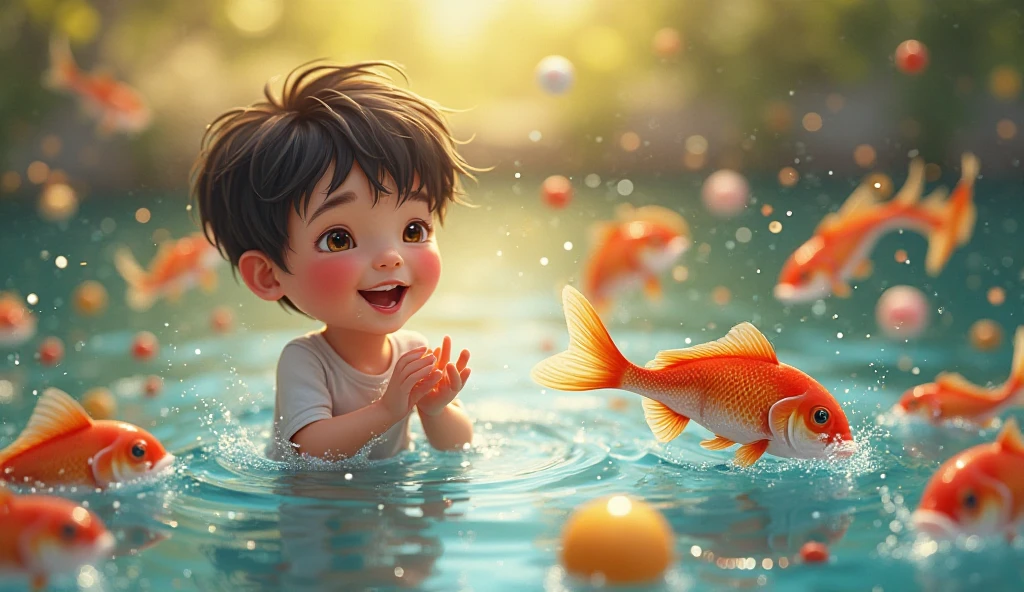 Ren's smile and watch the fish playing ball in the water. Instead of ...