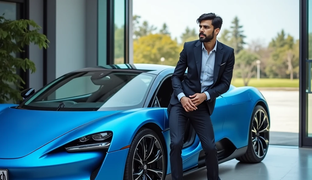 A wide-angle cinematic shot showing the side view of a blue coloured ...
