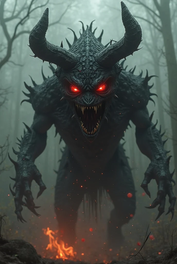 Small, menacing, reddish black eyes a diamond shaped face horns ...