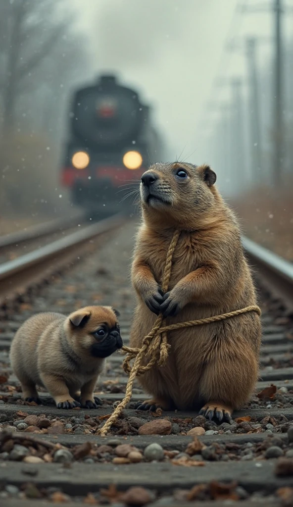 A highly detailed and dramatic scene of a groundhog tied with thick ...