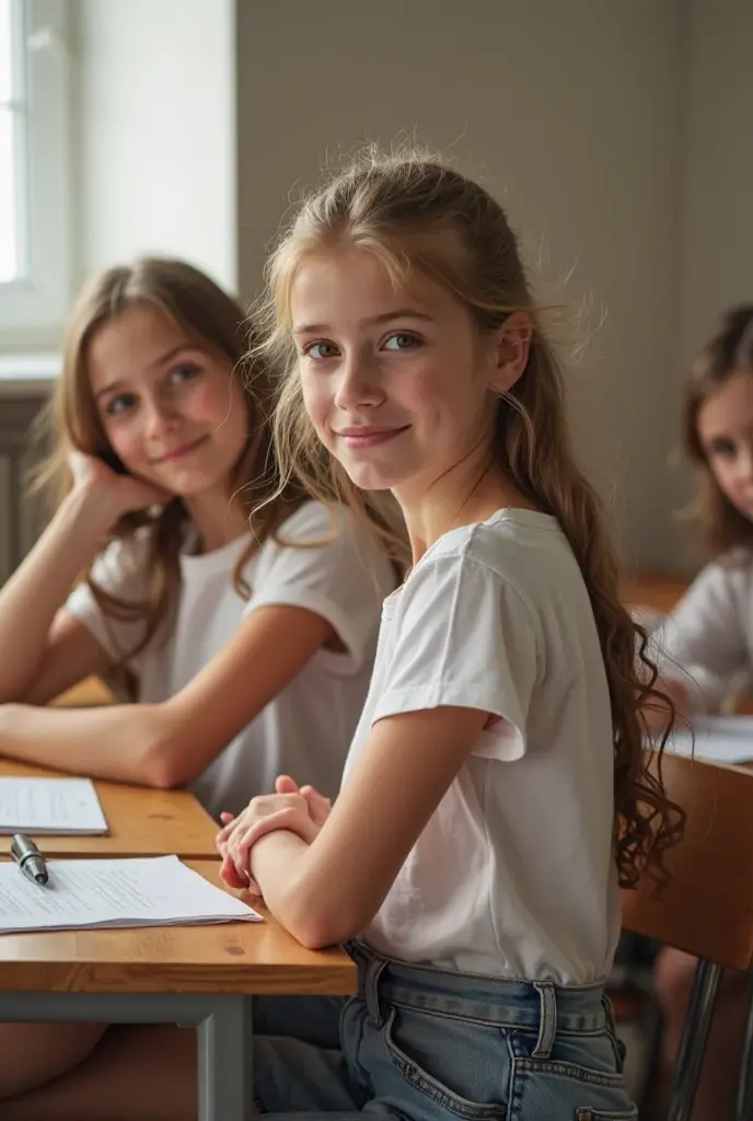 A girl in the classroom, smiling, with her classmates, detailed facial ...