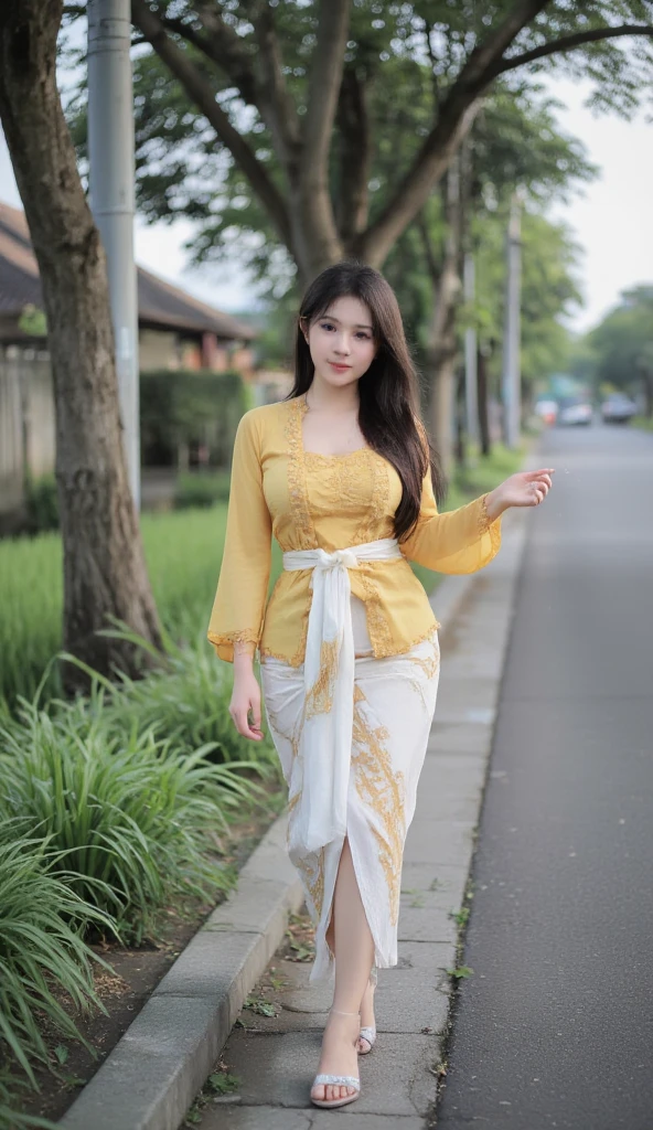 A woman , with long hair, he uses a yellow colored bali kebaya - SeaArt AI