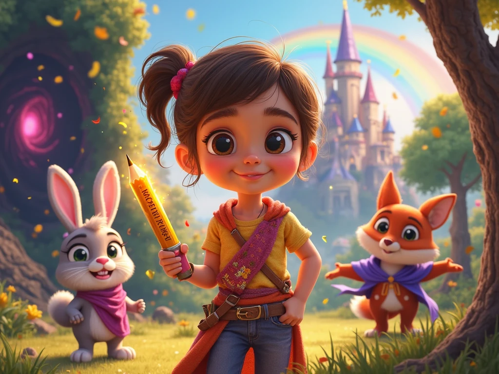 "A magical scene featuring a brave young girl with bright eyes and messy brown h - SeaArt AI