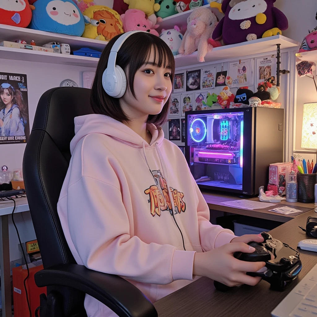 A Japanese female gamer sitting in her cozy bedroom surrounded by anime ...