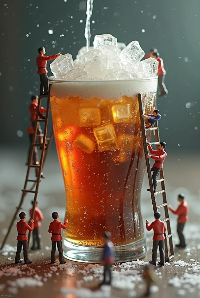 “A photorealistic scene of tiny people surrounding a massive glass ...