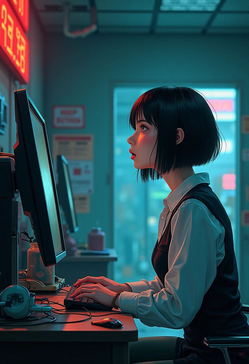 A woman sitting at a desk in front of a computer, anime trending ...