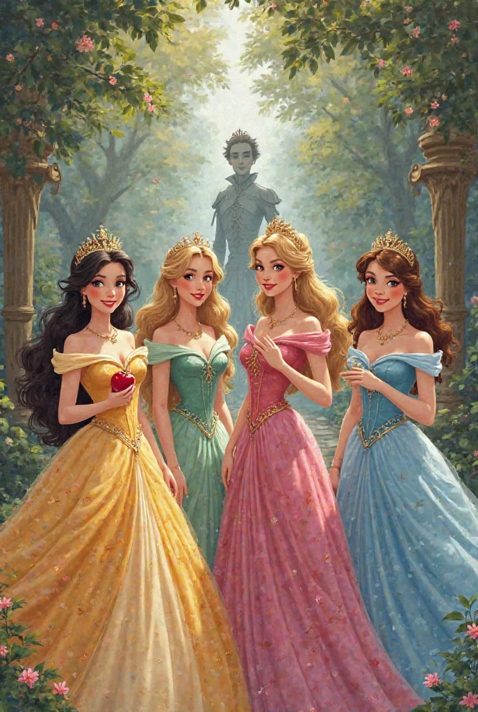 Je veux une illustration détaillée de quatre princesses adultes - SeaArt AI
