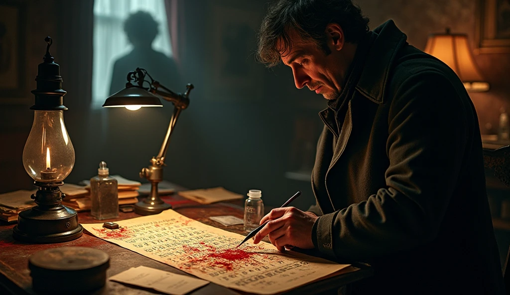 "A dimly lit Victorian study with an old wooden desk covered in ...