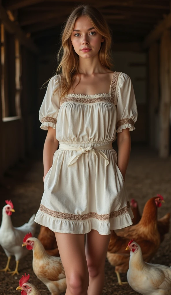 Front view, Close-up photo of a beautiful french peasant girl in a rustic barn - SeaArt AI