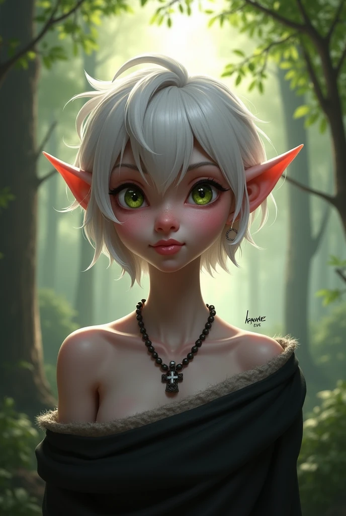 Sarcastic female elf with short white hair and green eyes - SeaArt AI