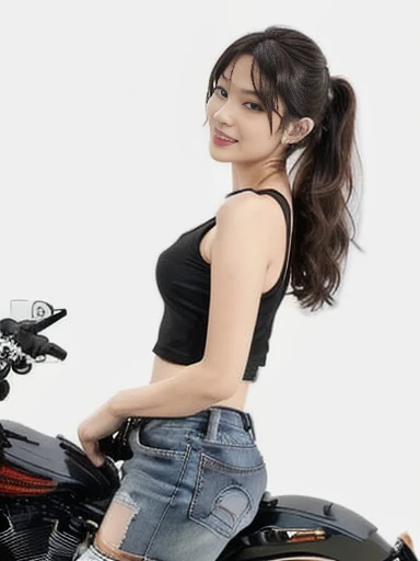 woman, riding Harley-Davidson, leaning back, black tank top, denim ...