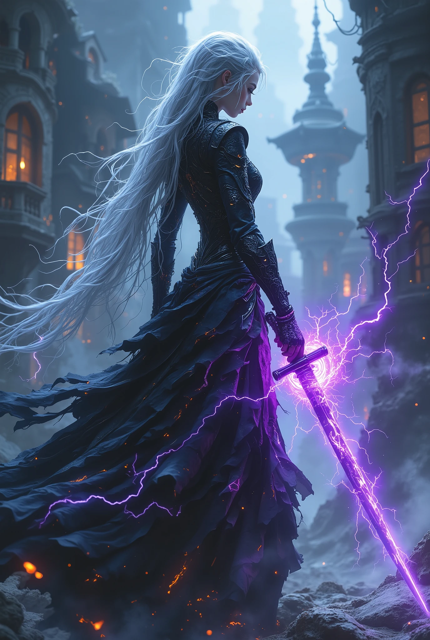 Asian female elf sorceress. She has an extremely slim hourglass body.