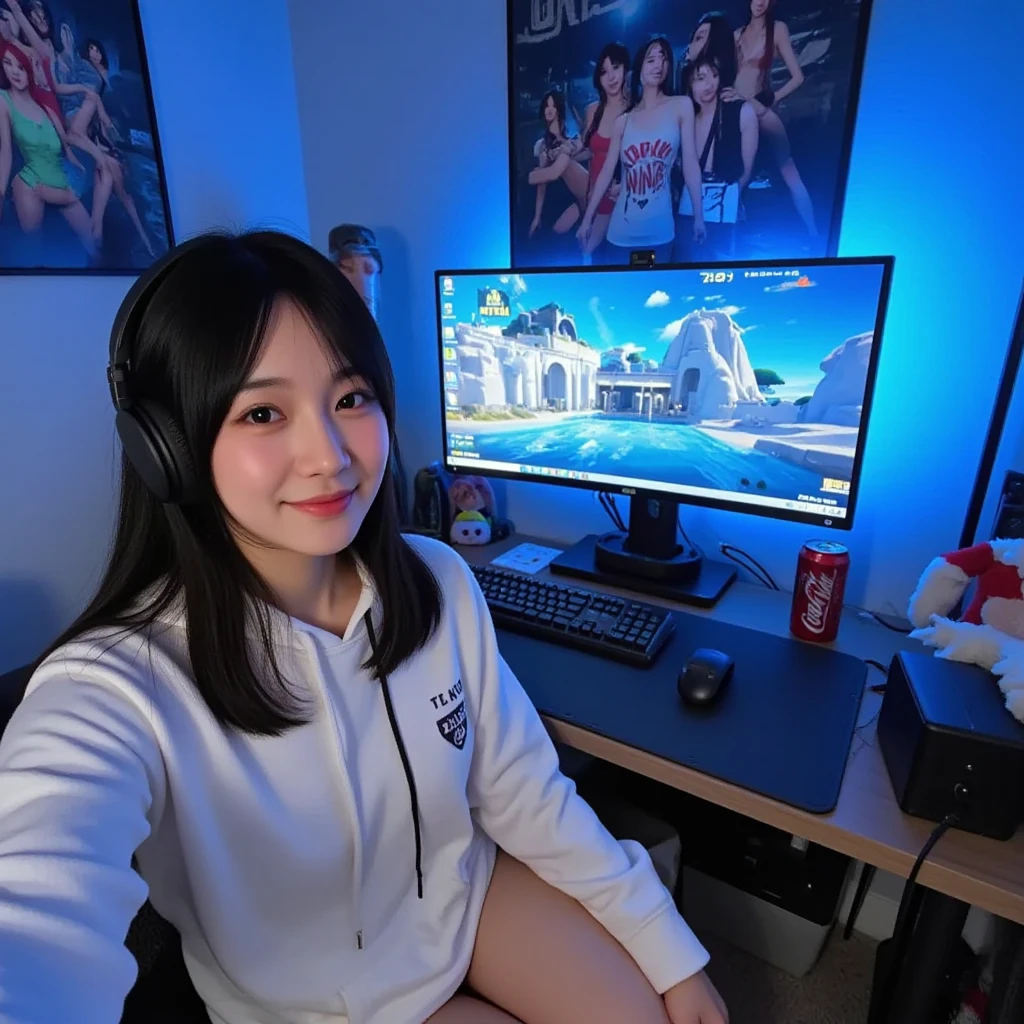A Japanese female gamer、during a live stream in her cozy gaming room ...