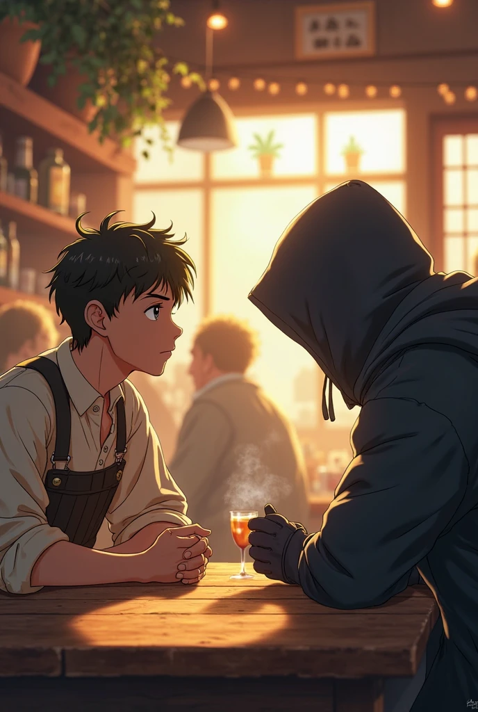 Anime. age farming boy main character sitting at a table in a bar with ...