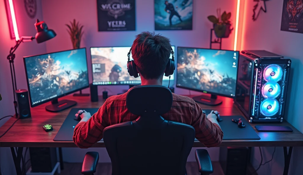 "Create a realistic 3D-rendered image of a gaming room with a modern ...