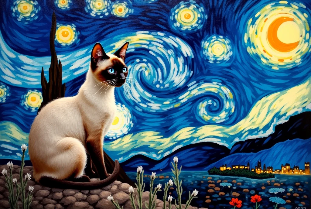 Starry Night Cat on Canvas, in the Starry Night, Beautiful Siamese cat ...