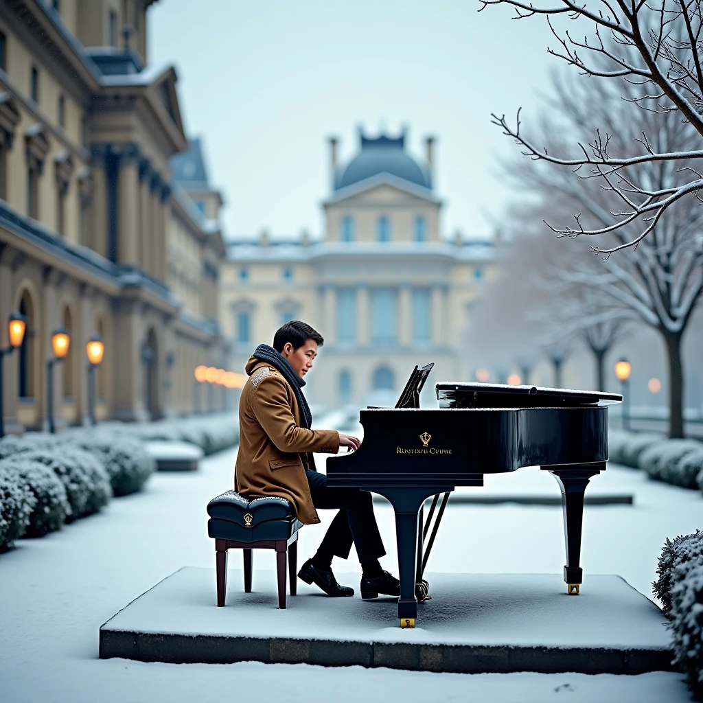 The backdrop is the French Louvre in winter. MALE PIANIST PLAYING ...