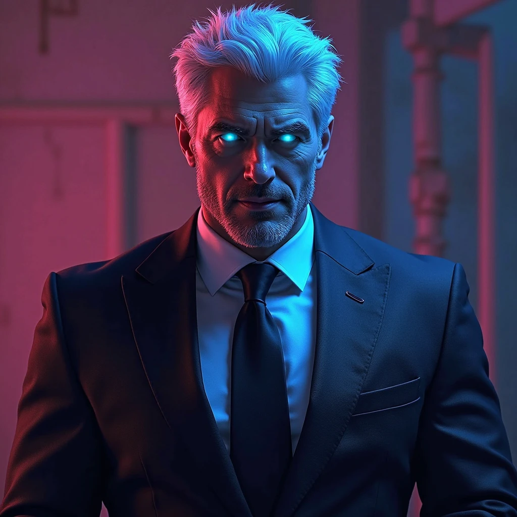 Muscular man in a suit and tie white hair neon blue eyes - SeaArt AI