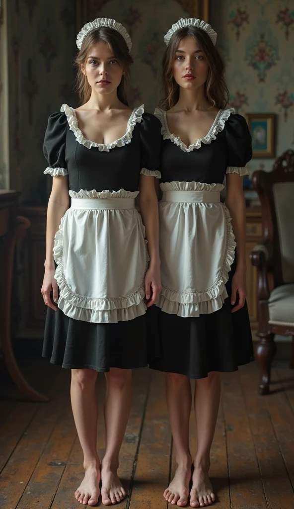 Barefoot mother and daughter, maids, wearing black knee-length dresses and white - SeaArt AI