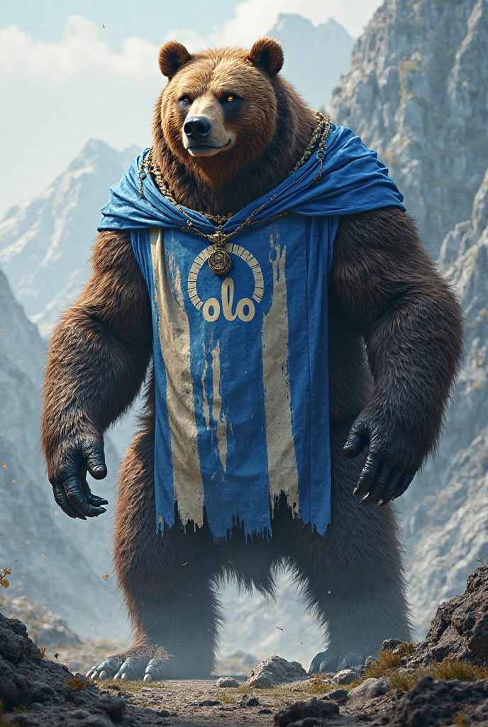 Create a picture showing a WILD huge bear with a flag in blue and white ...
