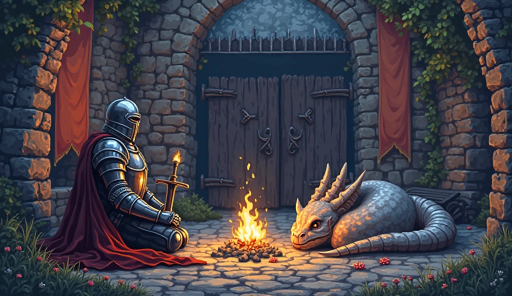 Highly detailed pixel art in classic dark fantasy RPG style. A medieval ...